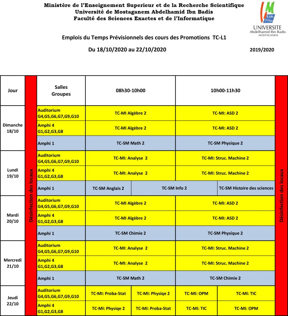 Emplois du Temps Prévisionnels des cours des Promotions TC-L1 – Faculté ...