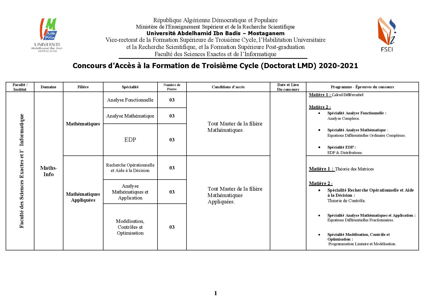 Concours d’Accès à la Formation de Troisième Cycle (Doctorat LMD) 2020 ...